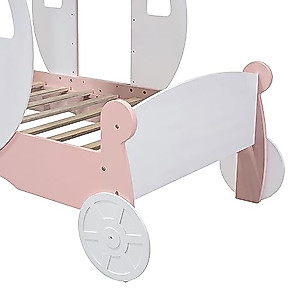 Twin Size Girls Bed Princess Bed, Little Girl Cute Bed with Headboard, Wooden Platform Bed for Children Bedroom, Pink