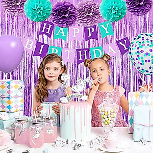 Purple Green Birthday Decorations, Purple Blue Party Balloons with Happy Birthday Banner and Purple Turquoise Fringe Curtain Pompom for Girl Women Birthday Baby Shower Party Decorations
