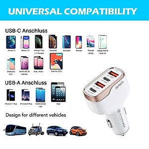 SUNDA 60W USB C Fast Car Charger, 4-Ports Car Charger Adapter, Dual Type C PD30W/PPS30W Compatible with iPhone16/15 Pro/Max/iPhone14/iPad Pro/Galaxy/SamsungS24, Dual USB-A 18W QC3.0 for Android