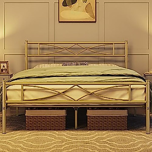Yaheetech Metal Full Size Bed Frame, Platform Bed Frame, Mattress Foundation with Curved Design Headboard & Footboard, NO Box Spring Needed, Heavy-Duty Support, Easy Assembly, Full,Antique Gold