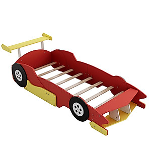 Linique Twin Size Race Car-Shaped Platform Bed with Wheels and Storage, Wood Twin Bed Frame No Box Spring Required, Red