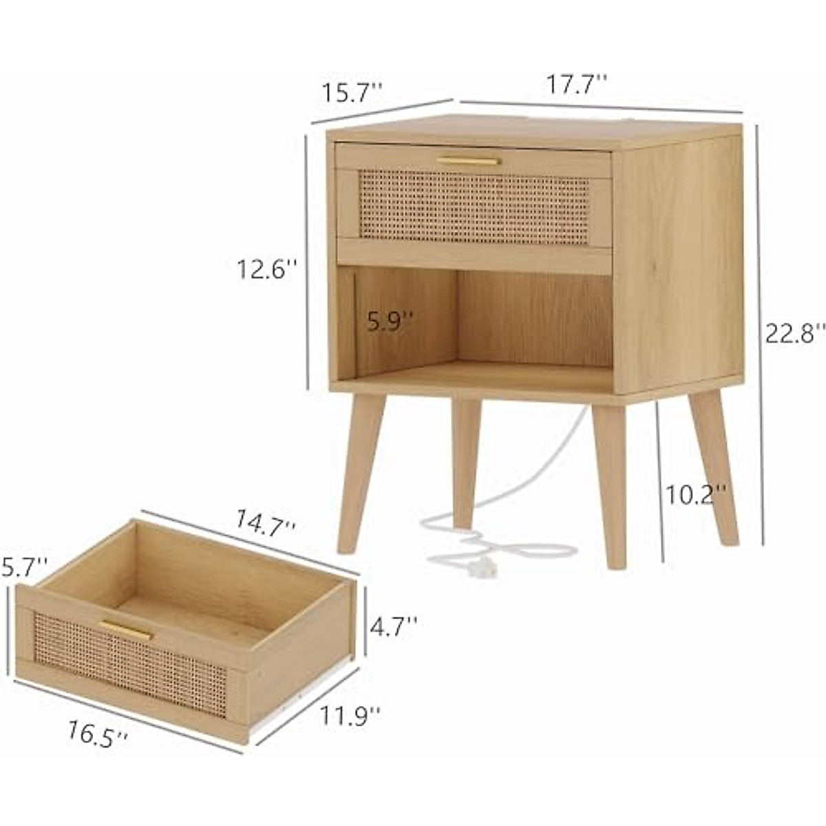 Irontar Nightstands Set of 2, Night Stands with Charging Station & Rattan Drawer, Boho Style Bed Side Tables with Solid Legs, Accent End Table with Open Storage for Bedroom, Natural BZZ007ME02