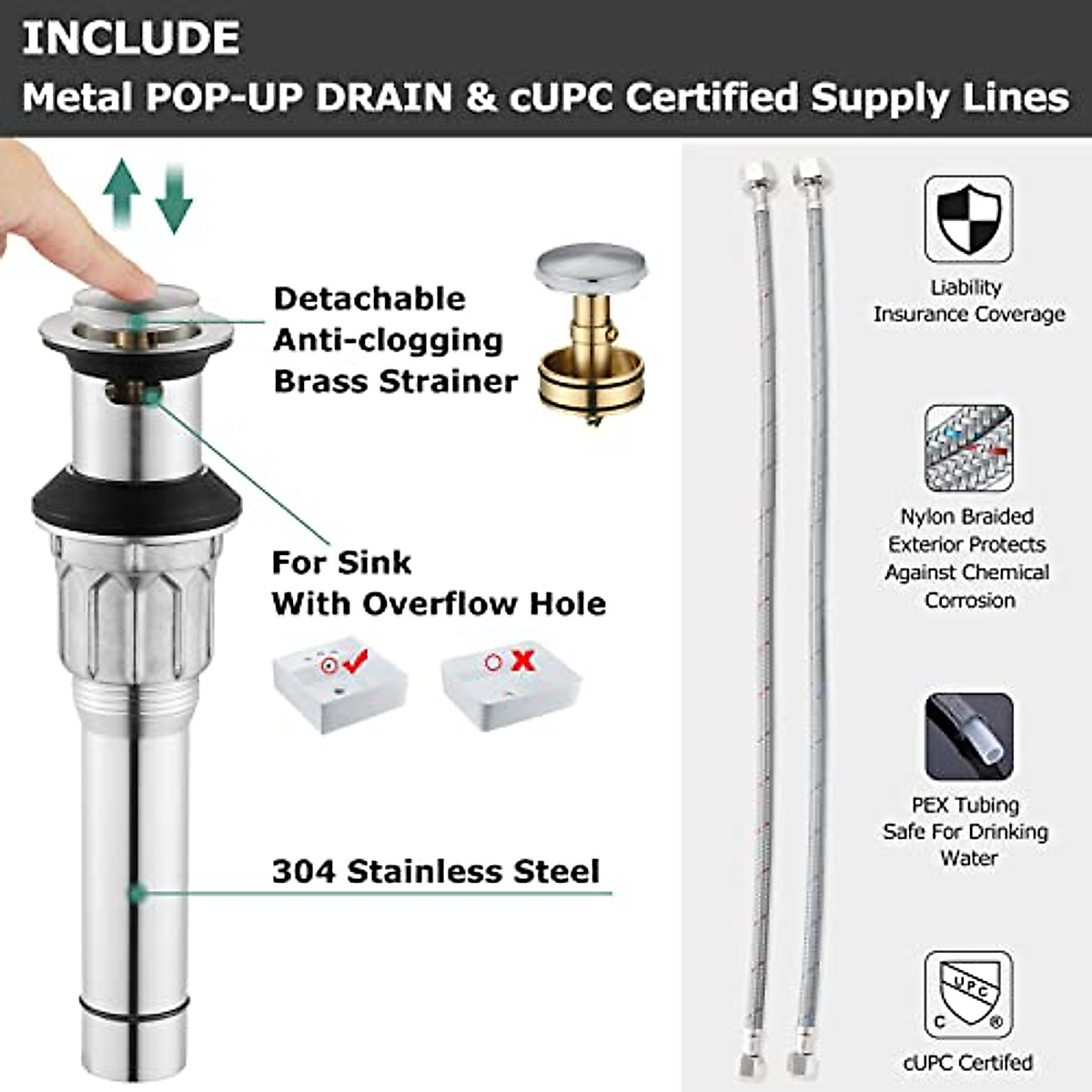 PARLOS Widespread 2 Handles Bathroom Faucet with Metal Pop Up Sink Drain and cUPC Faucet Supply Lines, Brushed Nickel, Demeter 13647