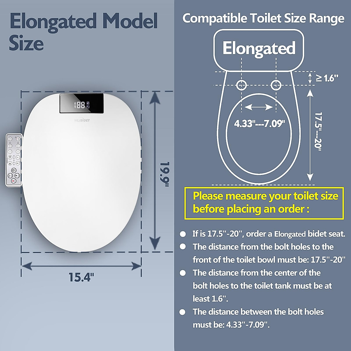 WLJBIDET Bidet Toilet Seat Elongated, Electronic Heated Toilet Seat with Warm Water Rear and Front Wash, Adjustable Warm Air Dryer, Self-Cleaning Stainless Steel Nozzle, Slow Closed Toilet Seat
