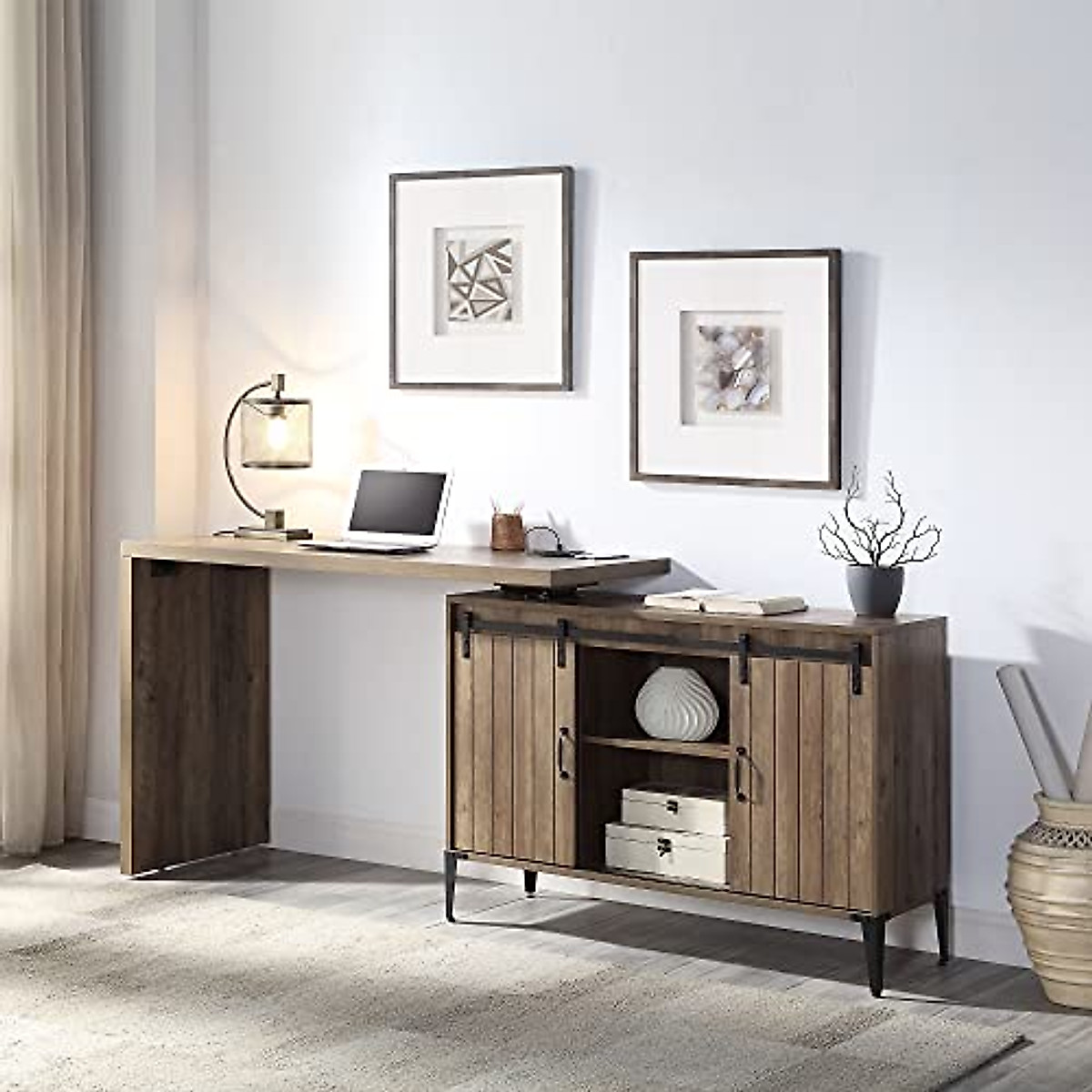 L Shaped Desk w/USB 360° Rotating Rustic Home Office Computer Desk Large Writing Gaming Table Workstation with Storage File Cabinet, Oak Finish, 55" L x 52" W x 36" H