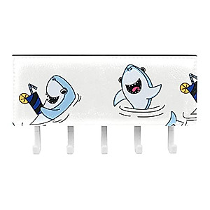 Cute Swim Ring Shark Rack Organizer with 5 Hooks Wall Bathroom Kitchen Shelf Rack Multifunctional Storage Shelf