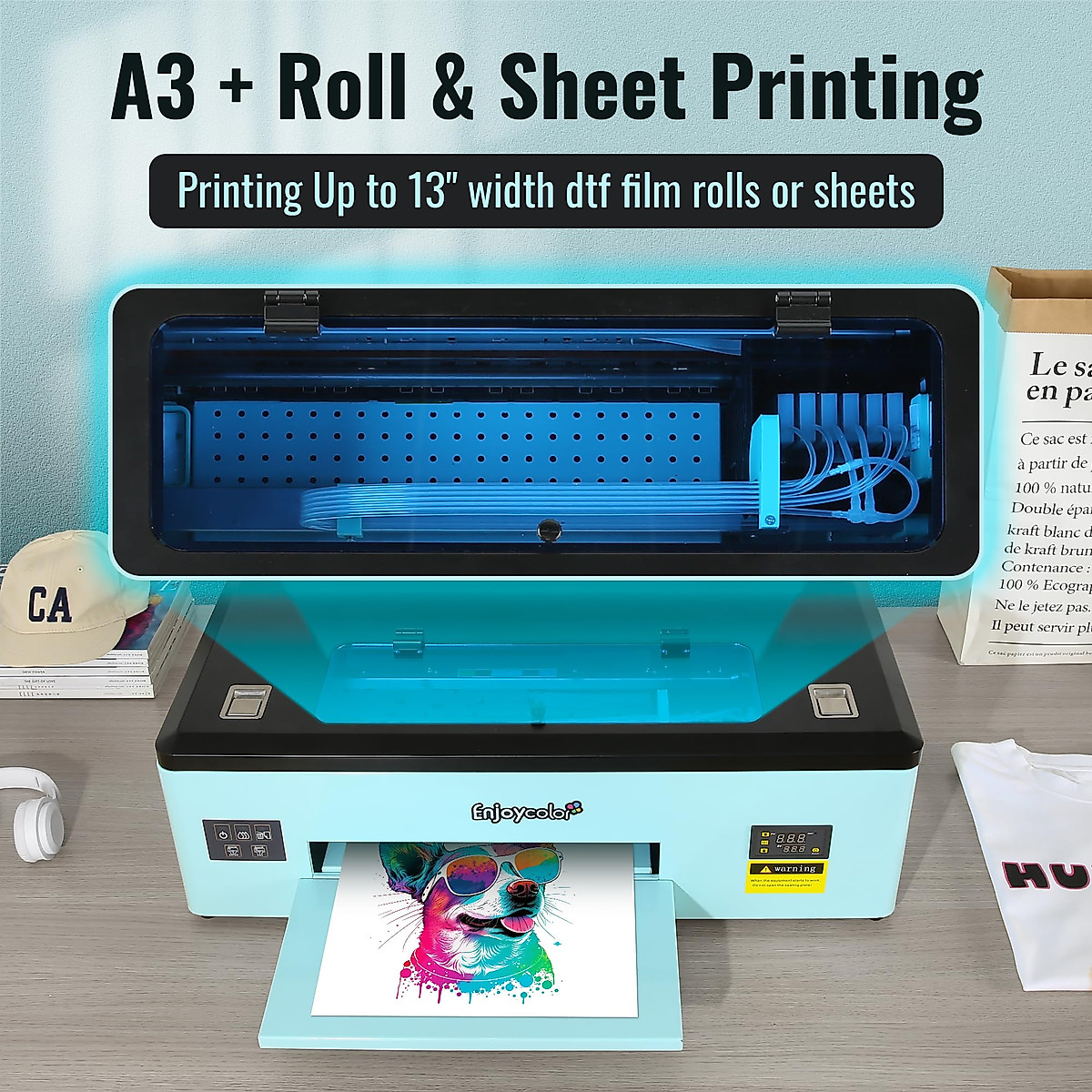 EnjoyColor A3+ DTF Transfer Printer 100% Transfer Rate for DIY Print T-Shirts, Leather, Other Textile (Printer + Software + 5x250ml Ink + 1xRoll of Film), A3 DTF PRINTER