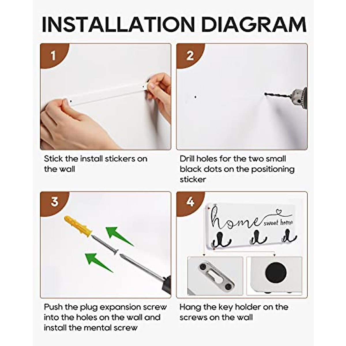 homenote Key Holder for Wall, Delicate Wall Mounted Key Rack with 3 Double Key Hooks, Home Sweet Home Decor Wooden Key Hanger for Entryway, Hallway, Kitchen, Bedroom, Bathroom, Office (White)