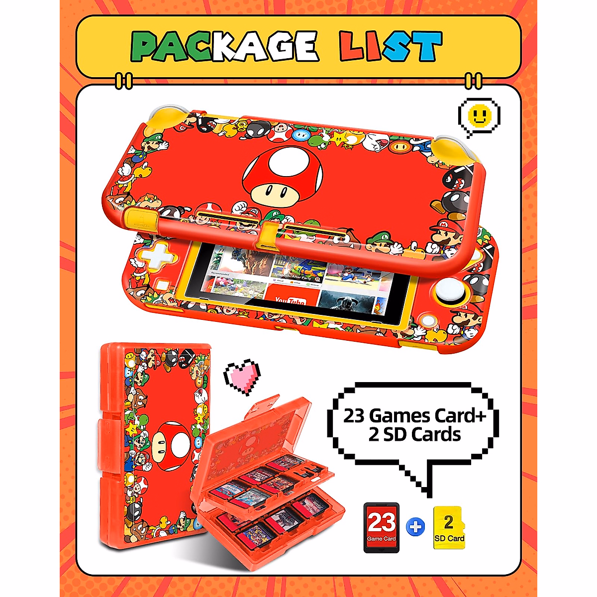 Xinocy (2in1 for Nintendo Switch Lite Case +24 Switch Game Holder Cute Cartoon Slim Protective Cases Hard Shell for Kids Boys Teens Girls Girly Design Funny Aesthetic Covers for Switch Lite 2019,Red