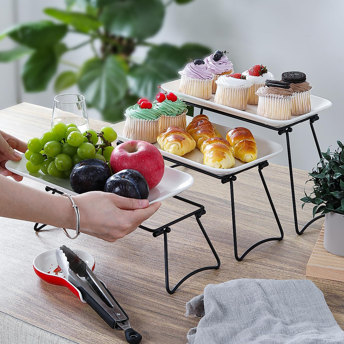 HAPPY KIT 3 Tier Serving Tray Set and Tiered Tray Stand,12 Inch Widened Porcelain Platters with Freely Combinable Rack,Decor Cupcake Stand for Christmas Party Display,Dessert Trays Collapsible