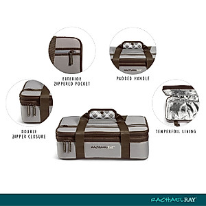 Rachael Ray Expandable Insulated Casserole Carrier for Hot or Cold Food, Thermal Lasanga Lugger Tote for Pockluck, Parties, Picnic, and Cookouts, Fits 9" x 13" Baking Dish, Sea Salt Grey