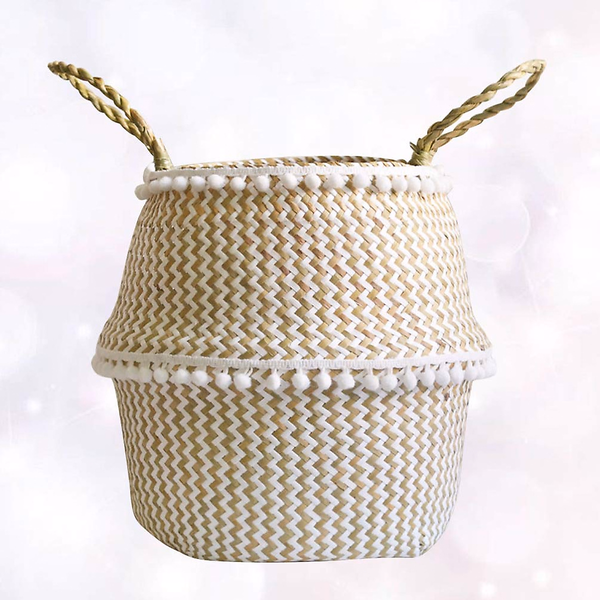NUOBESTY Natural Round Seagrass Belly Basket with Handles for Storage Nursery Laundry Picnic Plant Pot Cover and Grocery and Toy Storage