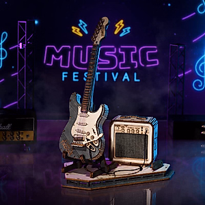 ROKR Wooden 3D Puzzles for Adults Guitar, Musical Instrument Model Kit 3D Puzzles for Teens and Kids to Build, Desk Decor/DIY Hobbies/Gifts for Family and Friends (Electric Guitar)