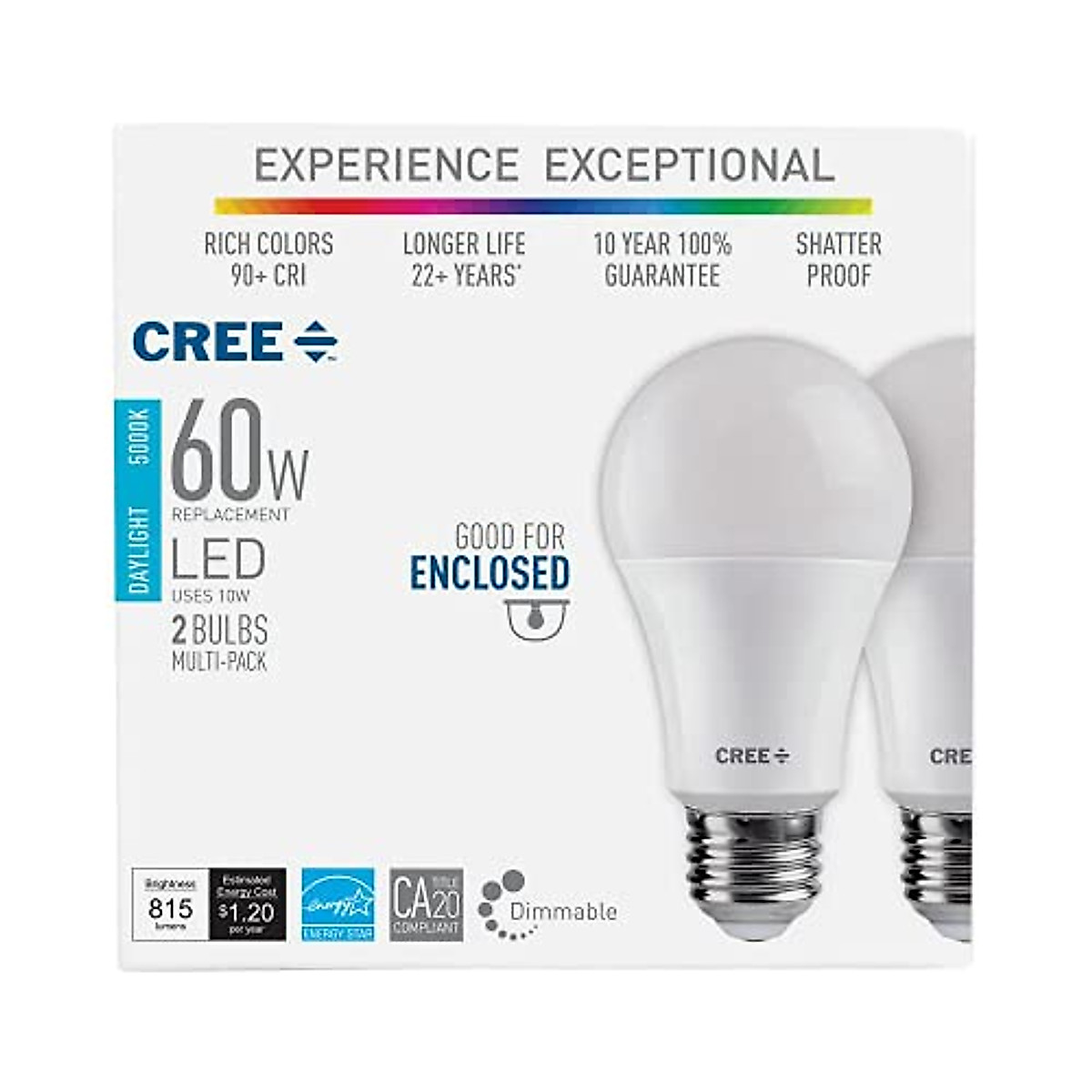 Cree Lighting Exceptional Series A19 Bulb, 5000K Dimmable LED Bulb, 60W + 815 Lumens, Daylight, 2 Pack