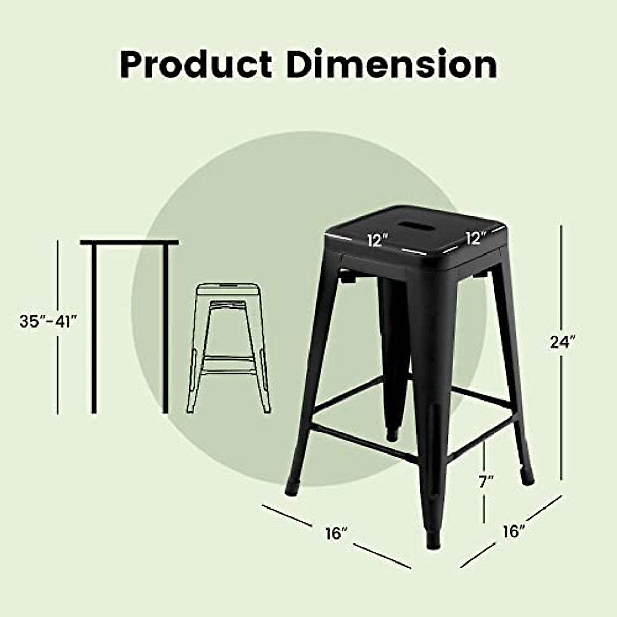 COSTWAY Bar Stools Set of 4, 24” Stackable Metal Stools with Square Seat & Handing Hole, X-Shaped Reinforced Design, Backless Bar Chairs for Kitchen, Dining Room, Pub (Black, 24‘’)
