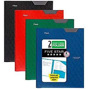Five Star 2-Pocket Folders, 4 Pack, Plastic Folders with Stay-Put Tabs and Prong Fasteners, Includes Writable Label, Holds 11" x 8-1/2", Assorted Colors (38048), 4 count (Pack of 1