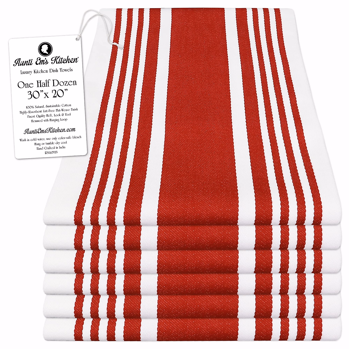 Aunti Em's Kitchen Designer Hand and Kitchen Dish Towels Woven from 100% Responsibly-Farmed, Thick, Luxurious Cotton, Oversized 20 x 30 inches, One Half Dozen, Wine Stripe
