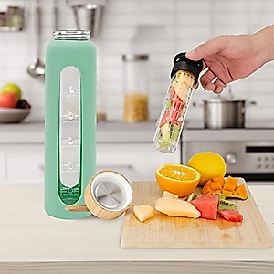 Sursip 32oz Glass Water Bottle with Time Marker and 2 Lids-Spout Lid/Bamboo Lid，Reusable motivational Glass Water Drinking Bottles with Silicone Sleeve/Ice Tray/Fruit box，Leak Proof BPA Free