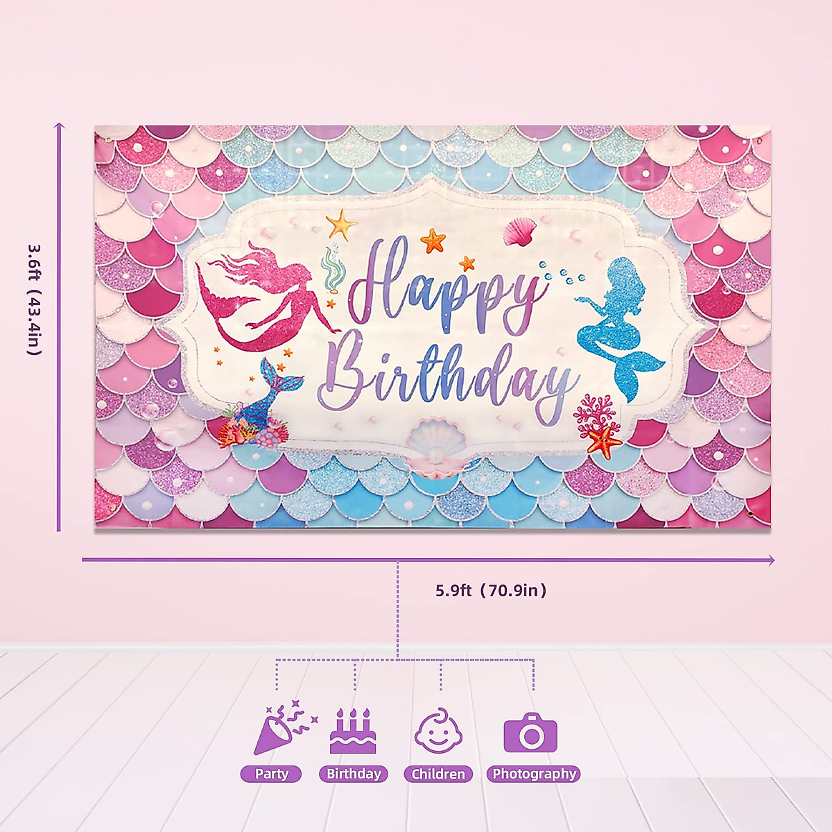 Ayearparty Mermaid Backdrop for Girls Birthday Under The Sea Theme Party Decorations Little Mermaid Scales Photography Photo Studio Booth Banner Kids Baby Happy Birthday Background 71 x 43 Inch