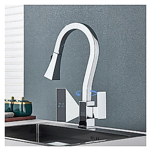 1PCS Pull-Out Kitchen Faucet Digital Temperature Display Sink Faucet Kitchen Mixer Faucet Brass Mixer Faucet Crane 360 ​​Degree Rotation (Color : Chrome)