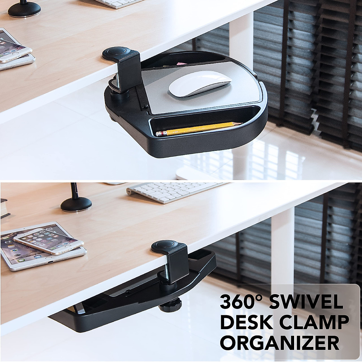 EHO Clamp-On Swivel Mouse Tray 360 Degrees Pencil Drawer Desk Organizer with Storage Space, Under Desk Storage for Pens, Paper Clips and More