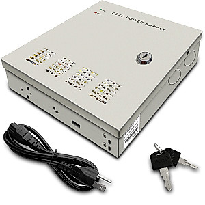 18 Channel 20 Amp Power Supply Box for Security Camera 12V DC AC Plug and Lock for DVRs, IP Cameras, CCTV Camera