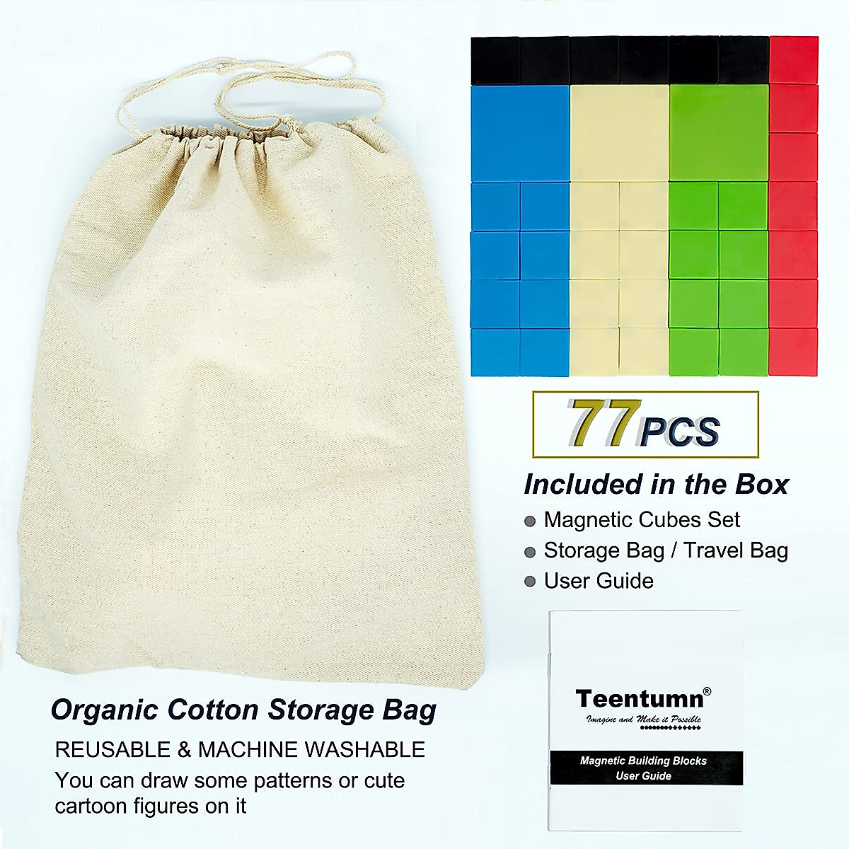 Teentumn Magnet Blocks 77 Pieces Set for Toddler Boys Girls, Preschool Educational Construction Kit, Sensory Montessori Toys Kids BlocksMagnetic Cube Building Toys