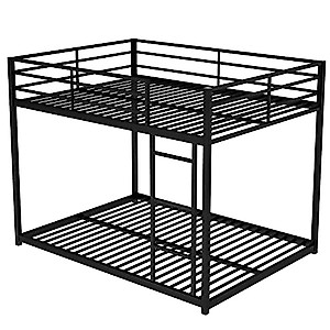 Metal Bunk Bed with Ladder, Full Over Full Low Bunk Bed with Safety Guard Rails for Kids Teens Adults No Box Spring Required, Black
