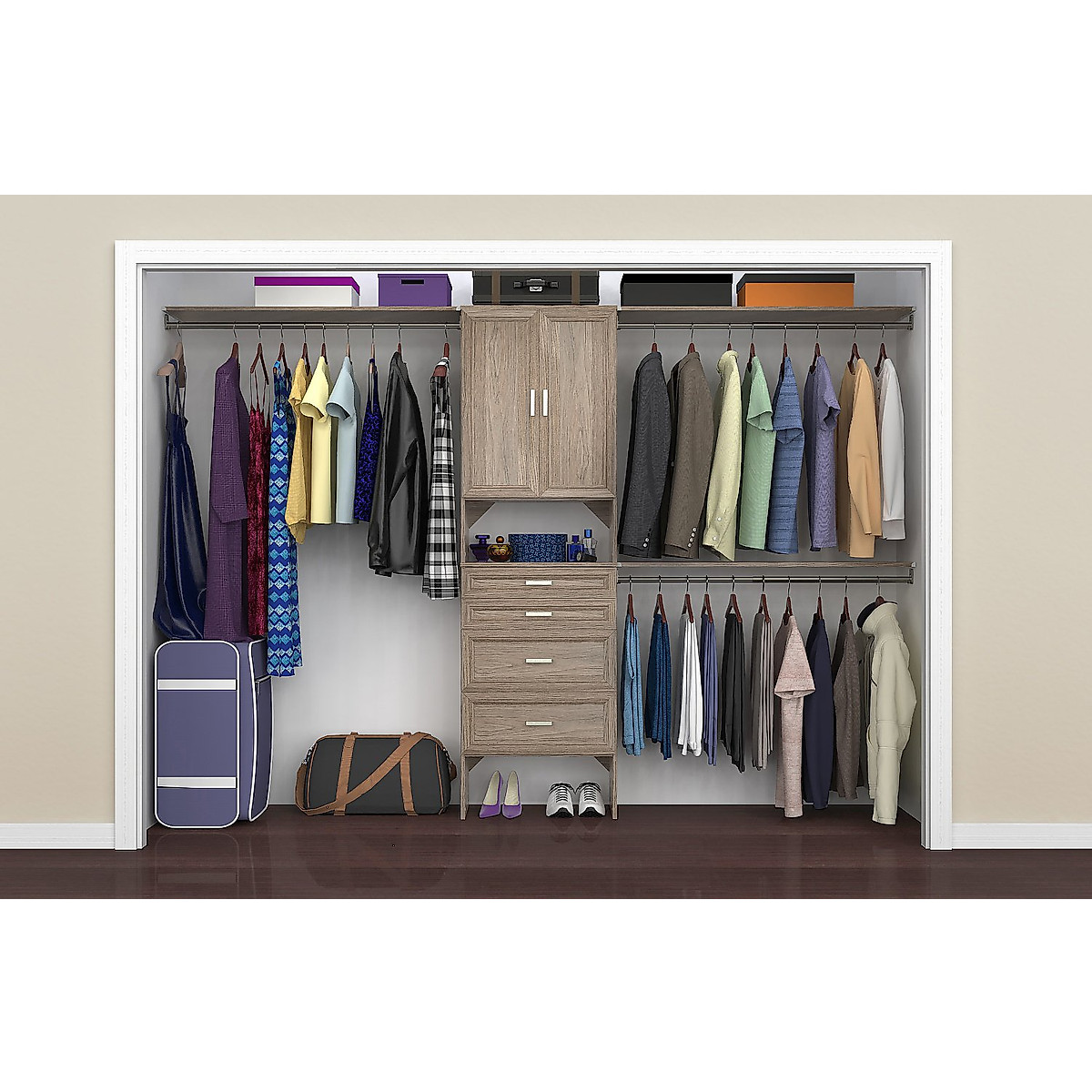 ClosetMaid SuiteSymphony Closet Organizer with Shelves, 2 Doors, 4 Drawers, 25-Inch-Natural Gray
