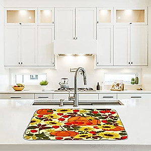 Sunflower Pumpkin Lantern Kitchen Drying Mat 18 x 24 Inch - Reversible Super Absorbent Fiber Dish Drying Pad with Non-Slip Backing for Countertop Tea Coffee Bar Accessories