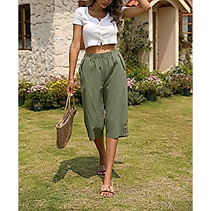 Veatzaer Womens Capri Pants Trousers Cotton Soft Cotton Trousers High Waisted Causal with Pockets(Grass Green,XL)