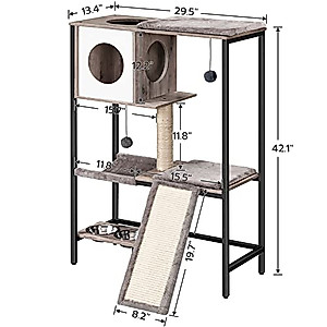 HOOBRO Wooden Cat Tree, Versatile Cat Tower with Scratching Post, Cat Hammock and Food Bowls, 4-Tier Pet House for Indoor Cats, Multi-Cat Families, Greige BG34MZ03