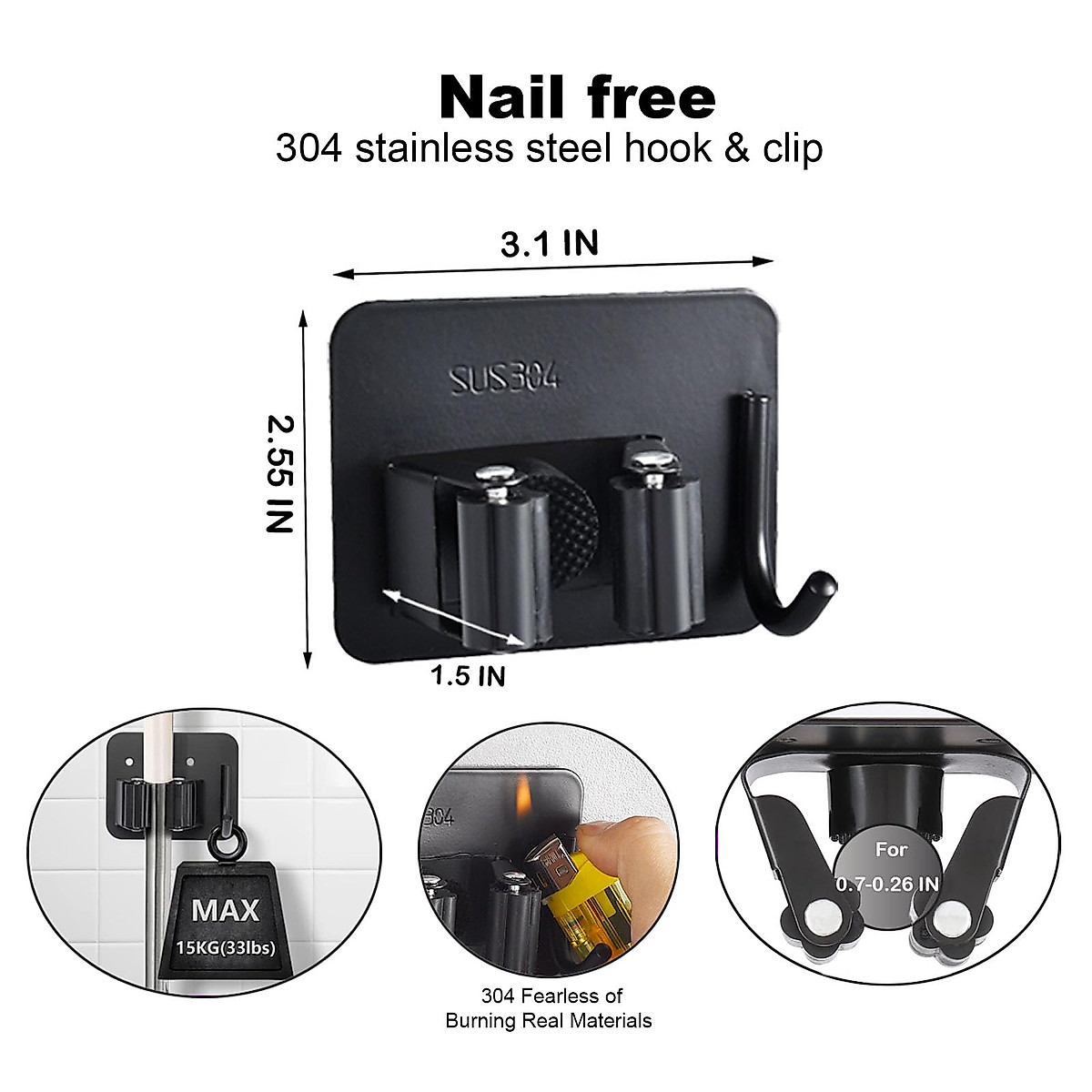 Free Eagle Holder Wall Mount, 6 Packs Tool Storage & Laundry Closet Room Organizer, Adhesive Utility & Garage Storage Rack Cabinet, Mop & Broom Stainless Hanger, 1 Racks With 1 Hooks (01 black)