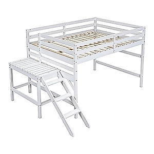 Dolonm Full Loft Bed with Platform, Wooden Low Height Loft Bed Frame with Ladder, Metal Loft Bed Frame for Kids Teens Adults, Full Size for Bedrooms, White