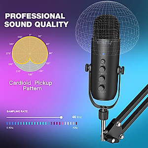 ZealSound Gaming Microphone Kit,Podcast Condenser USB Mic with Boom Arm,Supercardioid Microphone with Mute Button,Echo Volume Gain Knob,Adjust Monitor for Phone PC Computer (Black)