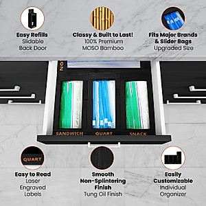 mHomeBilt Bag Storage Organizer - Bamboo Food Plastic Baggie Holder, Dispenser, and Container for Kitchen Drawer - Fits Major Brand's Gallon, Quart, Sandwich & Snack Sized Slider Bags (Black)