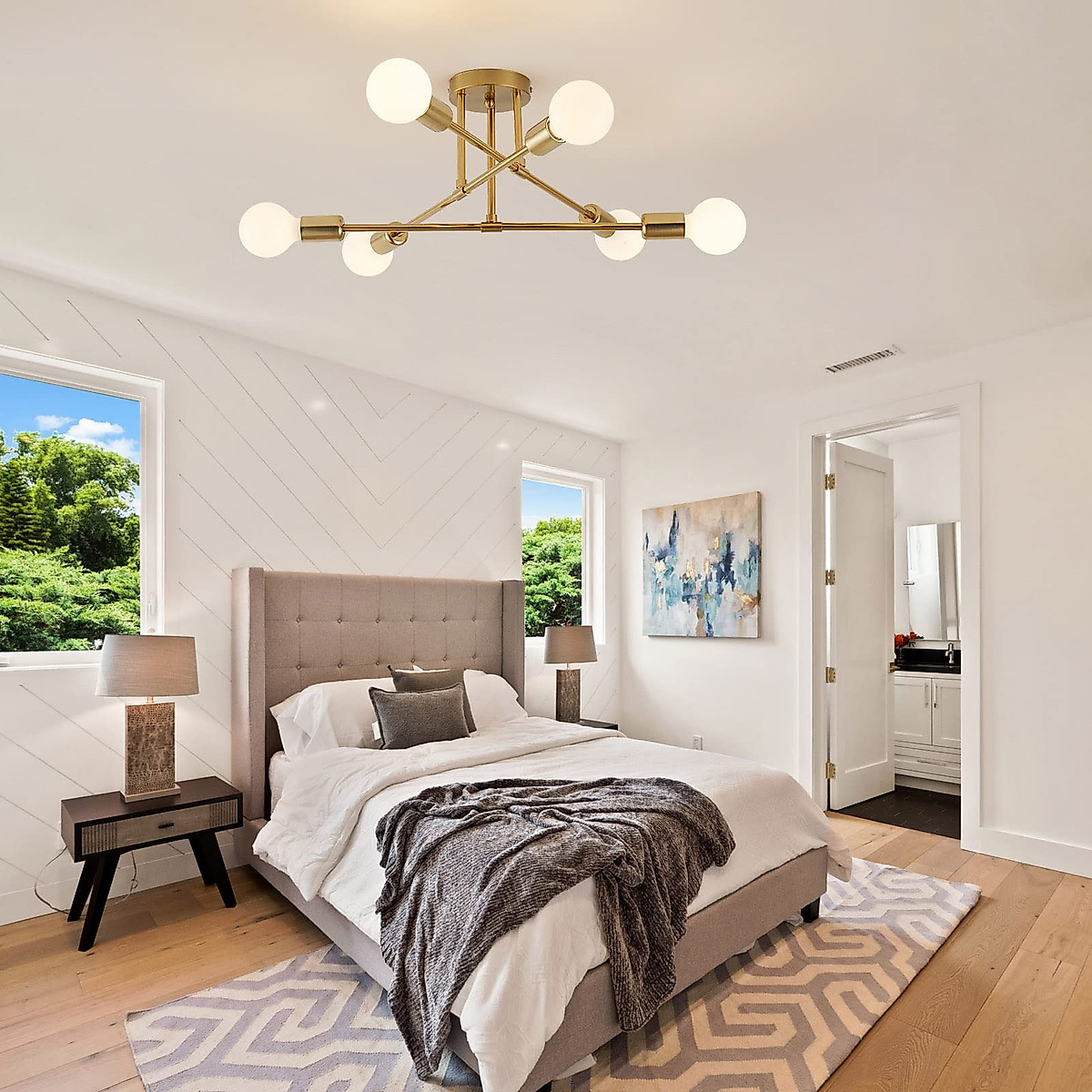 YXTH Semi Flush Mount Ceiling Light Fixture, 6 Lights Modern Sputnik Chandelier Ceiling Lamp with E26 Bulb Base, Light Fixtures Ceiling Mount for Bedroom Kitchen Living Room Hallway (Gold)