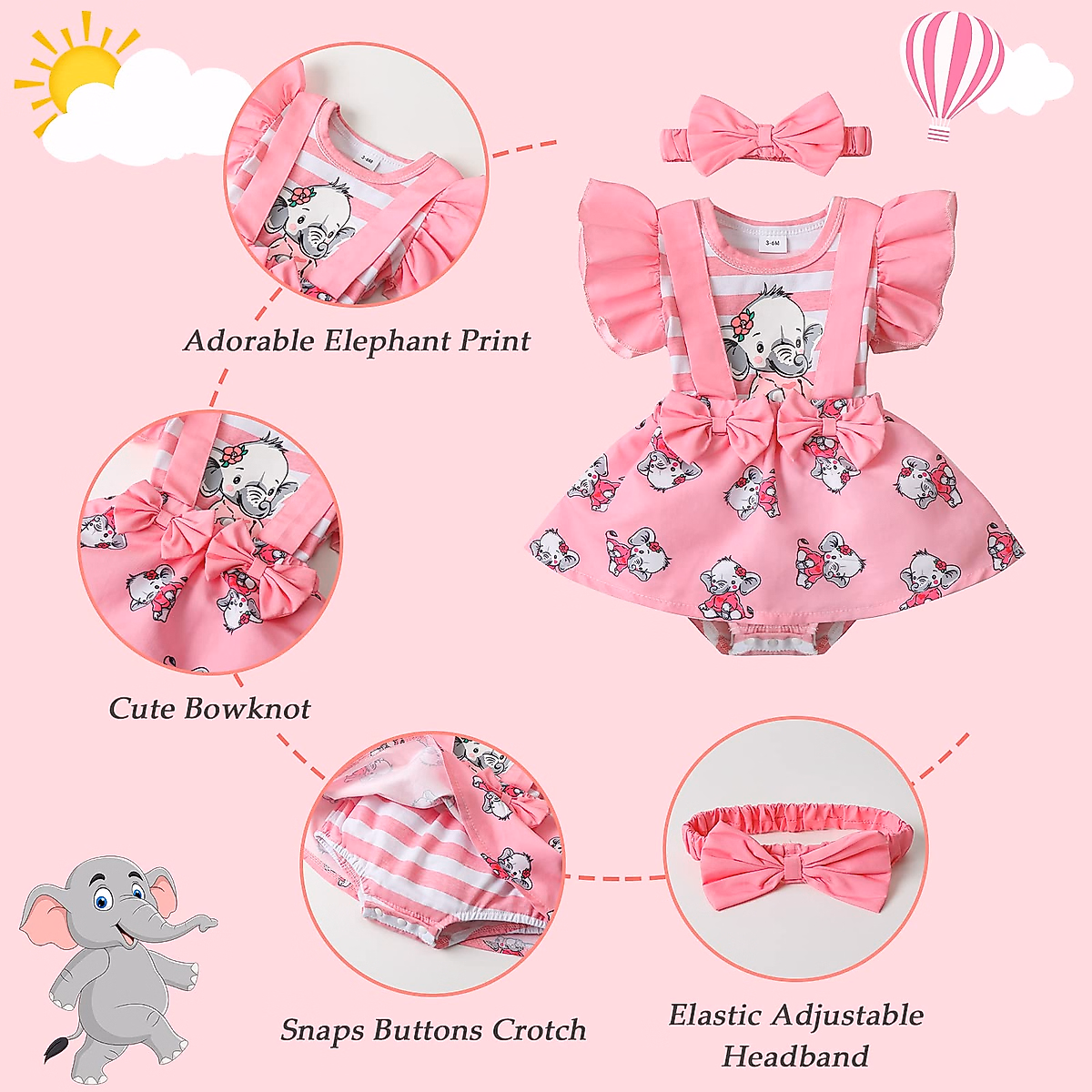 PAKGLEJG Newborn Baby Girl Romper Clothes Elephant Suspender Dress Ruffle Sleeve Onsesie Headband Cute Baby Clothes for Girl (Pink, 3-6 Months)