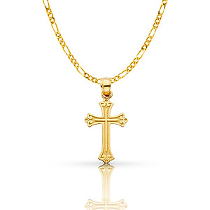 14K Yellow Gold Cross Pendant with 1.9mm Figaro 3+1 Chain Chain Necklace - 16"
