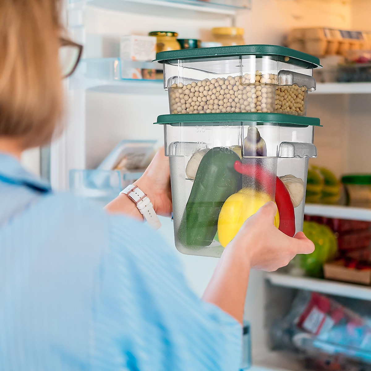Barydat 4 Pcs Food Storage Container with Lids Set 2qt and 4qt Square Clear Commercial Containers with Scales Handles for Home Restaurant Kitchen Food Storage, Proof Dough, Marinating Meat (Green)