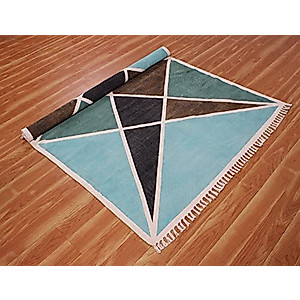Casavani Hand Made Cotton Dhurrie Geometric Blue & Brown Tassel Rug Easy Care Washable Rugs for Doormat Entryway Living Room Bedroom Hallway Balcony 5x7 Feet