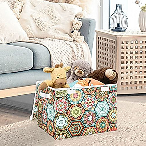 FOLIOSA Large Storage Bin Tote Organizing Container with Durable Lid and Handle & Velcro, Stackable and Nestable, for Home Organization Decorative, 11.8 x 12.6 x 16.5 inches, Ethnic Style Hexagonal