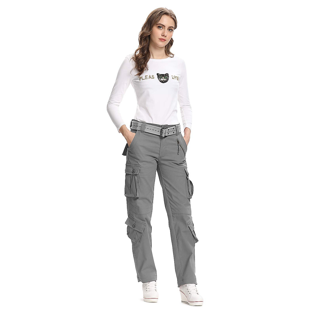 Mesinsefra Women's Cargo Pants Camping Pants Cotton Work Casual Loose Fit Trousers with Multi Pockets Grey 6