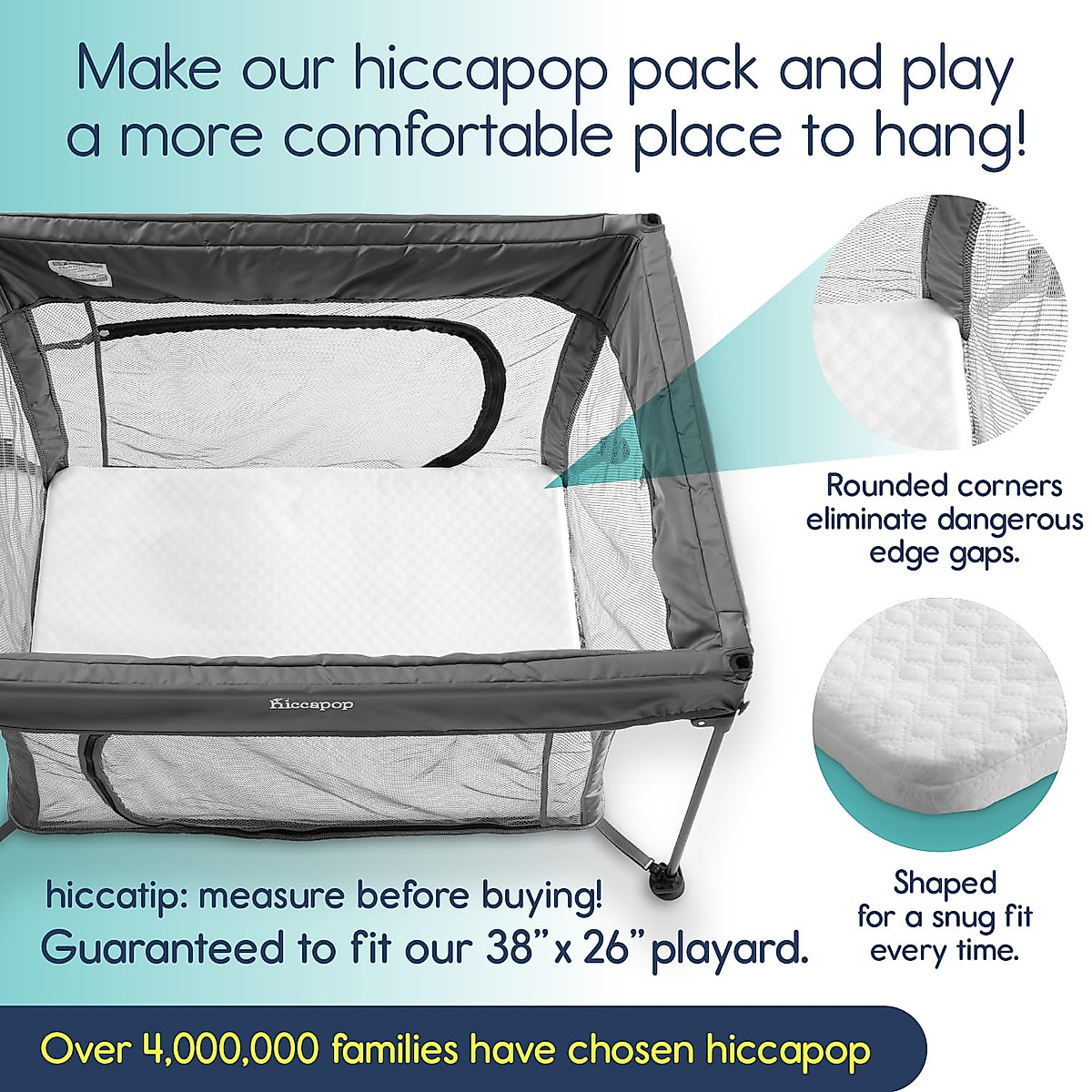 hiccapop Pack and Play Mattress Pad for (38"x26"x1") Portable Crib Playpen | Playard Mattress for Pack and Play | Pack N Play Mattress Topper with Travel Carry Bag & Soft Washable Cover