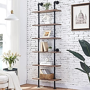 HOMBAZAAR Industrial Bookshelf 6-Tier Modern Ladder Shelf, Vintage Metal Pipes and Wood Shelves, Rustic Display Bookshelf for Storage Collection, Oak Brown