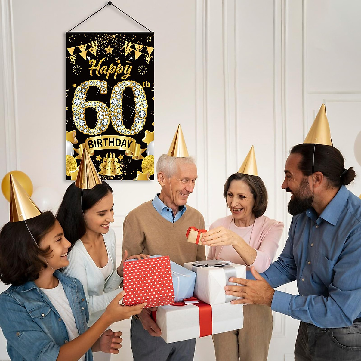 60th Birthday Decorations Door Banner Sign for Men Women, Happy 60 Birthday Door Hanging Party Supplies, Black Gold Sixty Year Old Bday Wall Hanger Decor