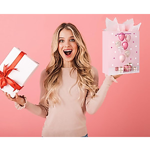 LUCKY AID 13” Birthday Gift Bag with Handle and Tissue Paper, Gift Bag for Boys, Girls, Women and Men’s Birthday Party, Baby Shower, Christmas Party Supplies (Pink)