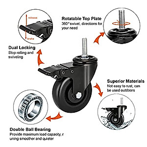 Stem Caster Wheels 5 inch Casters with Safety Dual Locking 1500Lbs Heavy Duty Threaded Stem Casters No Noise Swivel Castors with Brakes 1/2”-13x1.5”