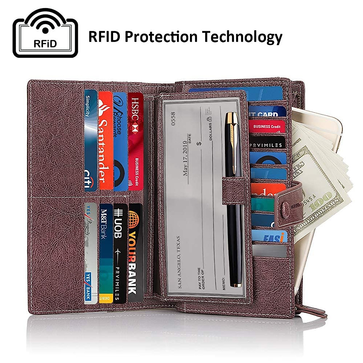 FT FUNTOR Women's Big Fat RFID Blocking Wallet Leather Zip Around Clutch Large Purse Phone Organizer Wristlet purple