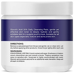 MAJESTIC PURE Glycolic Acid Pads for Face & Body - 20% Resurfacing Exfoliating Pads with Vitamin C,E,B5,AloeJuice, GreenTea & Rosemary Oil - For Skin Tone, Acne, Fine Lines & Dark Spots - Peel Pads 60